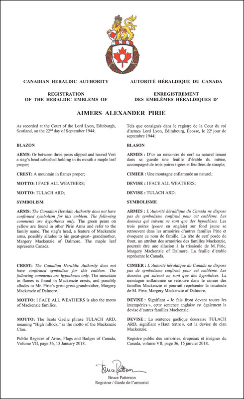 Aimers Alexander Pirie | The Governor General of Canada